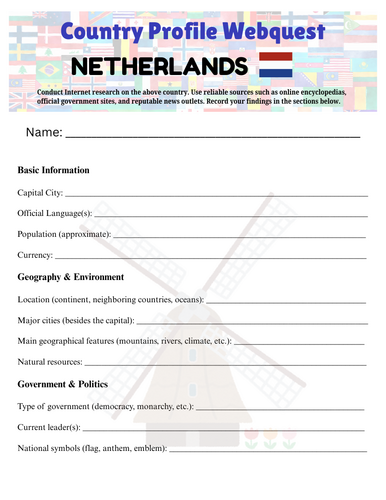 Country Profiles: Netherlands Webquest Worksheet | Teaching Resources