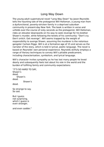 National 5 Critical Essay on Long Way Down by Jason Reynolds | Teaching ...