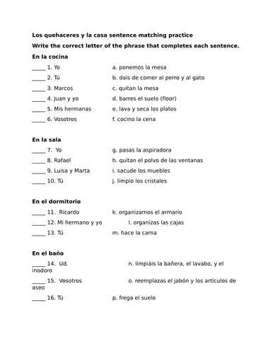 Los quehaceres y la casa sentence matching practice | Teaching Resources