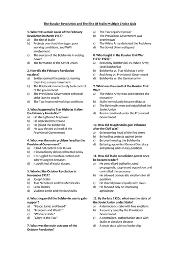 The Russian Revolution and The Rise Of Stalin Multiple Choice Quiz ...