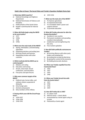 Russian Revolution - Stalin’s Rise to Power Multiple Choice Quiz ...
