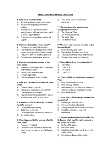 Russian Revolution - Stalin’s Show Trials Multiple Choice Quiz ...