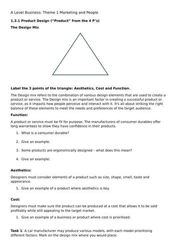 A Level Business Theme 1: 1.3.1 Product Design | Teaching Resources