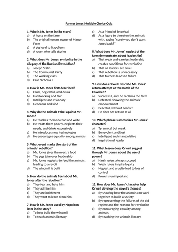 Animal Farm - Farmer Jones Multiple Choice Quiz | Teaching Resources