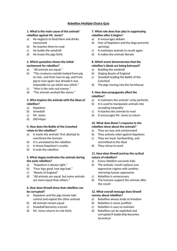 Animal Farm - Rebellion Multiple Choice Quiz | Teaching Resources