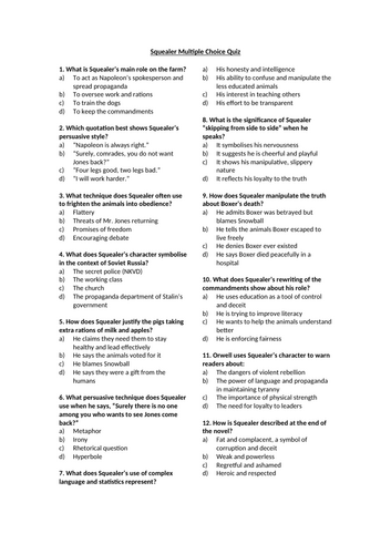 Animal Farm - Squealer Multiple Choice Quiz | Teaching Resources