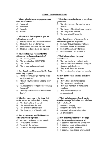 Animal Farm - The Dogs Multiple Choice Quiz | Teaching Resources