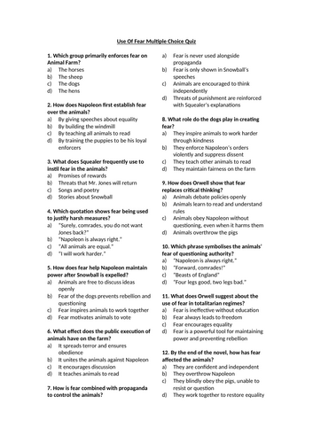 Animal Farm - Use Of Fear Multiple Choice Quiz | Teaching Resources