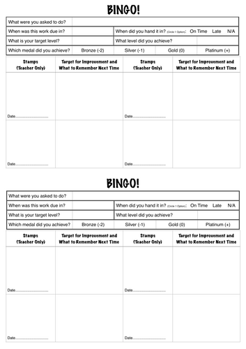 Bingo Feedback Card for GCSE | Teaching Resources