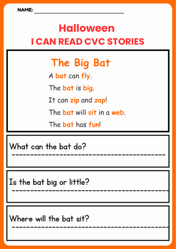 Halloween CVC Decodable Short Stories worksheets with Comprehension ...