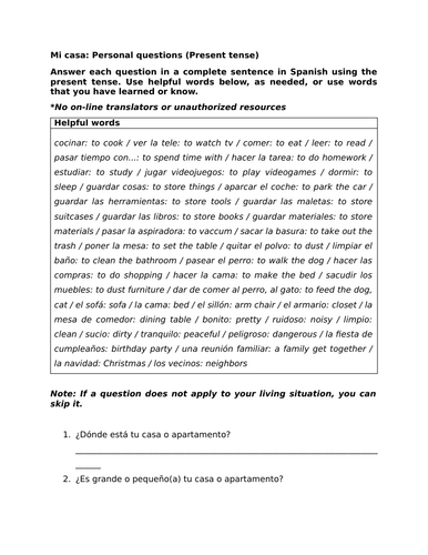 Mi casa: Personal questions (Present tense) | Teaching Resources