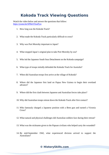 Kokoda Track Campaign of WWII Viewing Questions Worksheet | Teaching ...