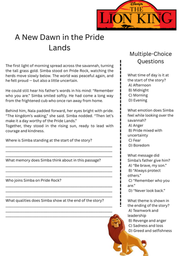 The Lion King Short Story Comprehension | Teaching Resources