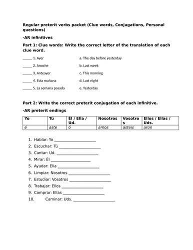 Regular preterit verbs packet (Clue words, Conjugations, Personal ...