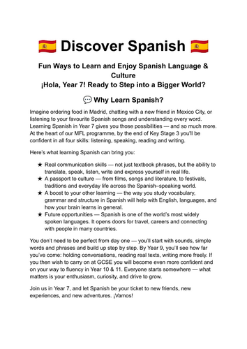 Year 7 Spanish parents evening booklet | Teaching Resources