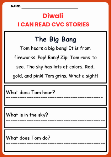 Diwali CVC Decodable Short Stories worksheets with Comprehension ...