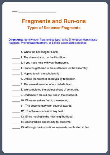 Fragments and Run-ons Worksheets | Grammar Practice | Teaching Resources