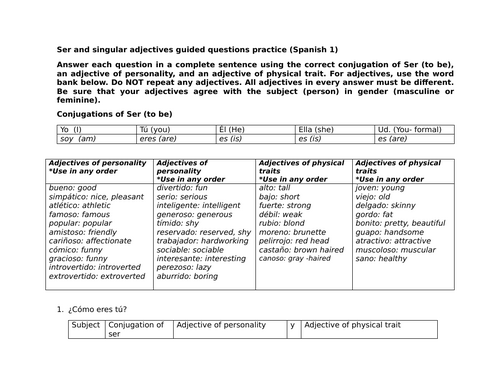 Ser and singular adjectives guided questions practice (Spanish 1 ...