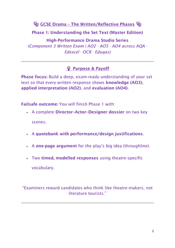 GCSE Drama - The Written/Reflective Phases. Phase 1: Understanding the Set Text | Teaching Resources