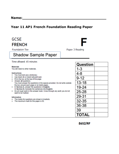 French GCSE AQA 2026 Foundation Mock Reading Paper - adaptable ...
