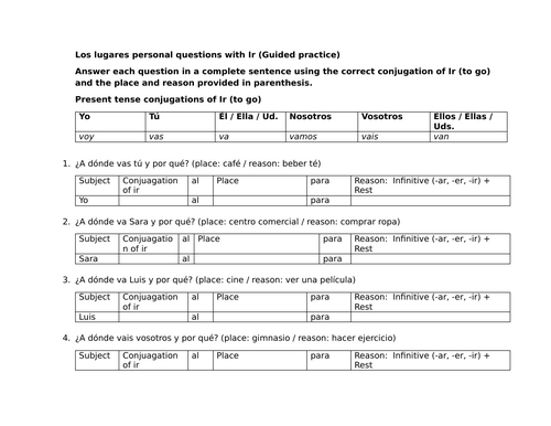 Los lugares personal questions with Ir (Guided practice) | Teaching ...