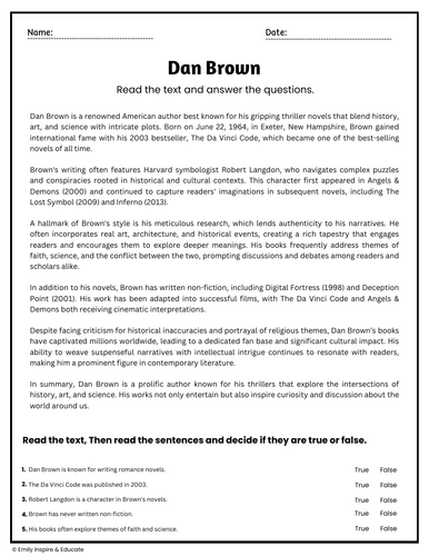 Dan Brown Reading Comprehension Passages & Questions Worksheets ...