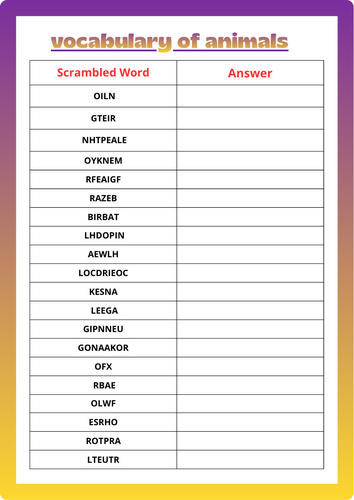 vocabulary of animals Scrambled Word | Teaching Resources