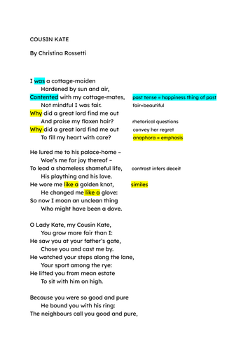 "Cousin Kate" Christina Rossetti: GCSE poetry analysis | Teaching Resources