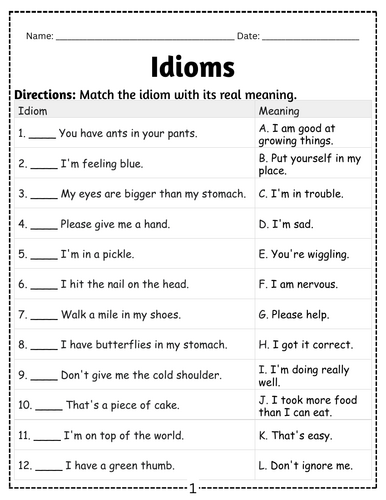 Idioms Matching Worksheets: 5-Pack Figurative Language Practice ...