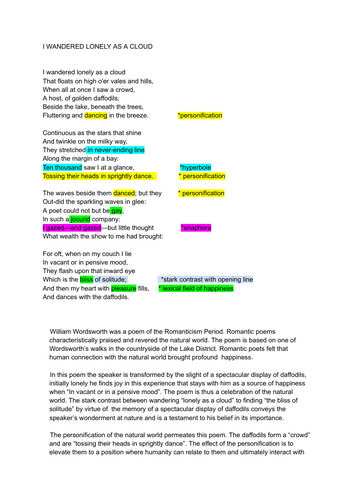 "I wandered lonely as a cloud" iGCSE / GCSE English Literature analysis ...