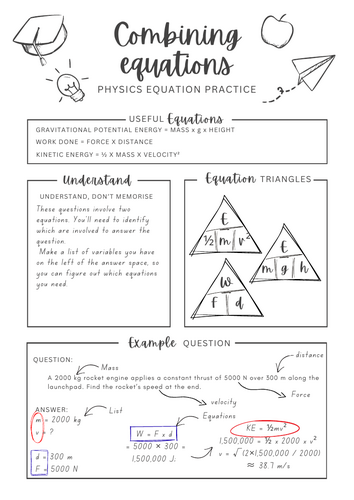 Combining equations Work done, GPE, KE - Physics equation worksheet ...