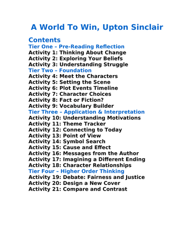A World To Win Upton Sinclair - 20 Differentiated Activities | Teaching ...