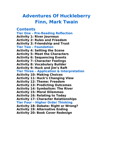 Adventures Of Huckleberry Finn Mark Twain - 20 Differentiated ...