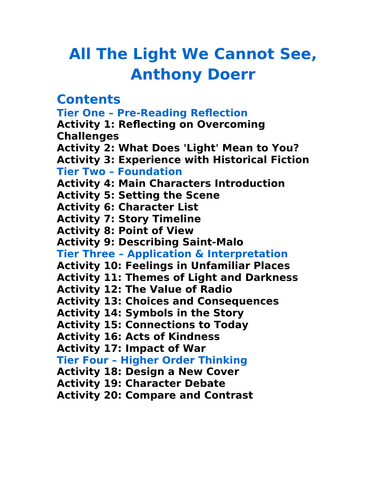 All The Light We Cannot See Anthony Doerr - 20 Differentiated ...