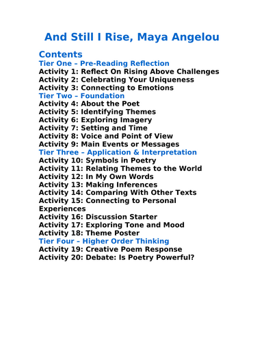 And Still I Rise Maya Angelou - 20 Differentiated Activities | Teaching ...