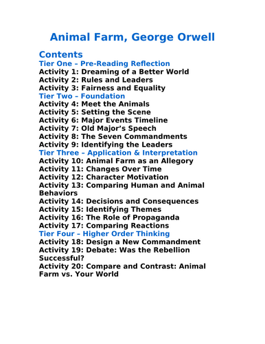 Animal Farm George Orwell - 20 Differentiated Activities | Teaching ...