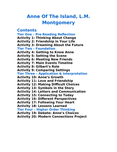 Anne Of The Island Lm Montgomery - 20 Differentiated Activities ...