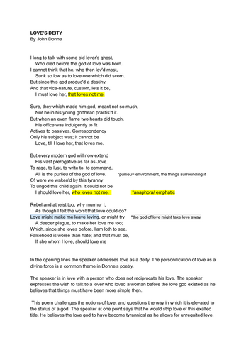 A level English Literature poetry analysis John Donne's "Love Deity ...
