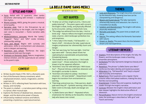 La Belle Dame sans Merci, John Keats: Revision Sheet | Teaching Resources