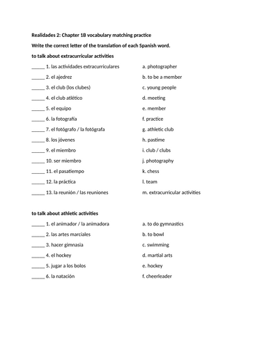 Realidades 2: Chapter 1B vocabulary matching practice | Teaching Resources
