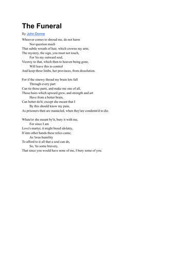 A Level English Literature : John Donne's poem "The Funeral ...