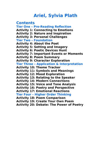 Ariel Sylvia Plath - 20 Differentiated Activities | Teaching Resources