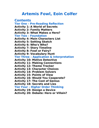 Artemis Fowl Eoin Colfer - 20 Differentiated Activities | Teaching ...