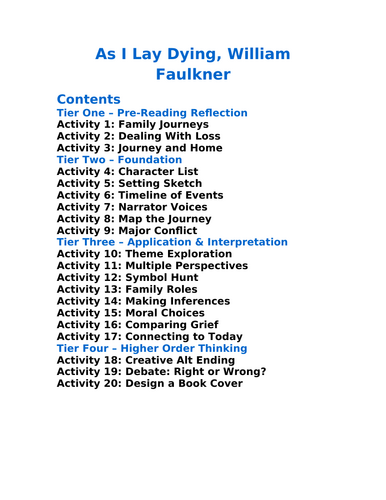 As I Lay Dying William Faulkner - 20 Differentiated Activities ...