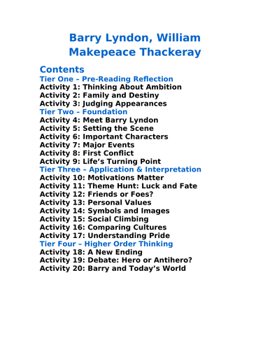 Barry Lyndon William Makepeace Thackeray - 20 Differentiated Activities ...