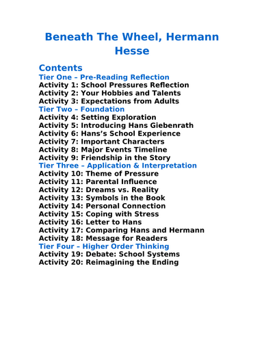 Beneath The Wheel Hermann Hesse - 20 Differentiated Activities ...