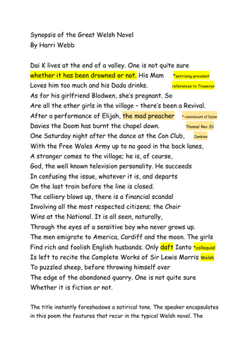 "Synopsis of the Great Welsh Novel" by Harri Webb: A* GCSE ENGLISH ...
