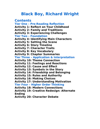 Black Boy Richard Wright - 20 Differentiated Activities | Teaching ...