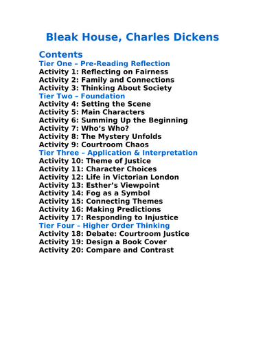 Bleak House Charles Dickens - 20 Differentiated Activities | Teaching ...