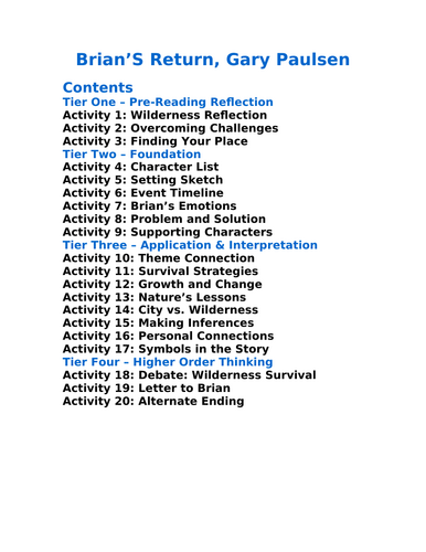 Brians Return Gary Paulsen - 20 Differentiated Activities | Teaching ...